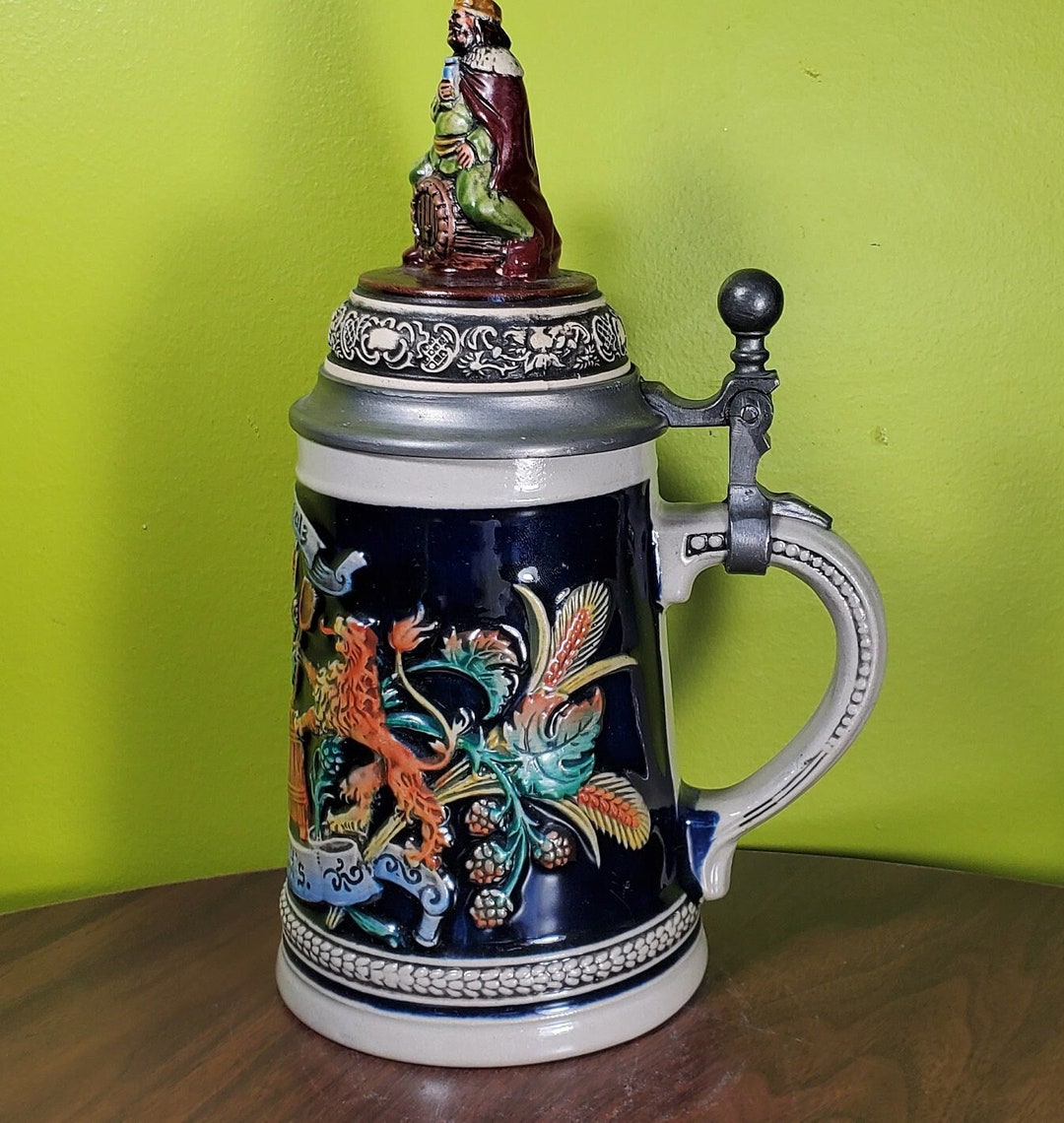 Vintage Ceramic German Beer Stein With Pewter Lid - 'king on Lid' - Etsy