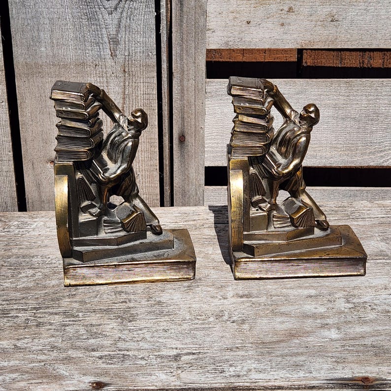Bookends, Colonial Librarian, Falling Books, Craftsman, 1970's, Made in ...