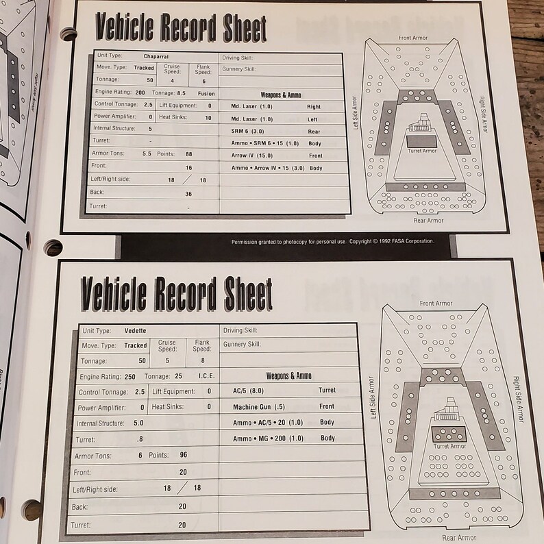 Book, 'record Sheets Vol. 5: Vehicles' Battletech, Mechwarrior, 1991 ...