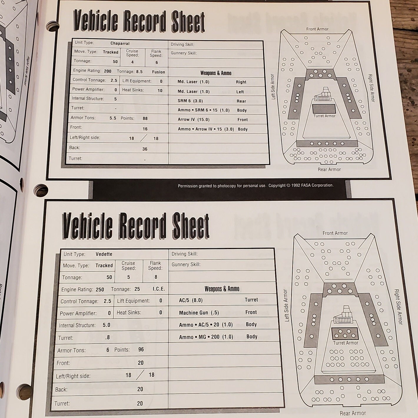 Book, 'record Sheets Vol. 5: Vehicles' Battletech, Mechwarrior, 1991 ...