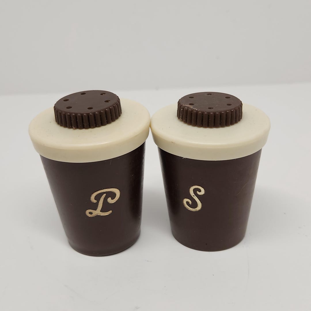 Salt and Pepper Shaker, Atomic Tupperware, Brown and Beige, Twist Close ...
