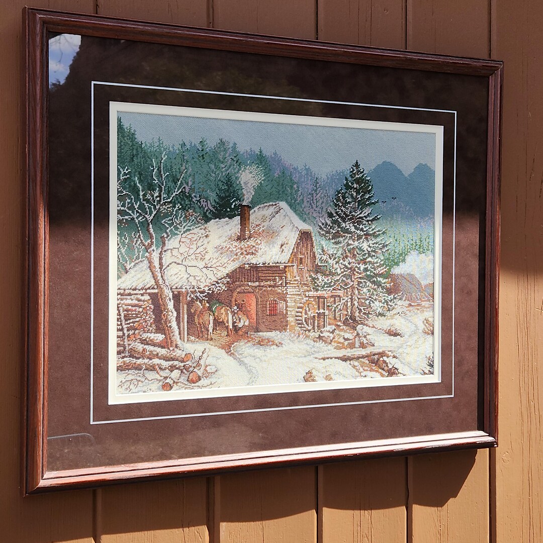 Petit Point, Snowy Winter Rustic Log Cabin, C J Gates, Art, Needlework ...