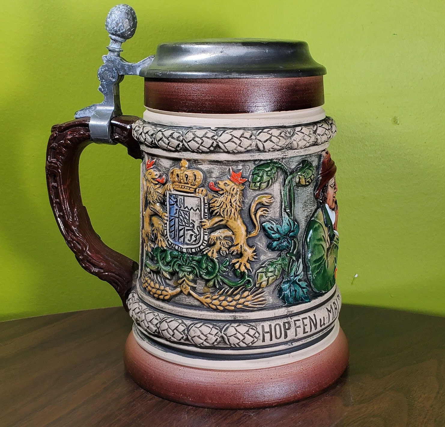Vintage Ceramic Thewalt German Beer Stein With Pewter Lid - 'hopfen U ...