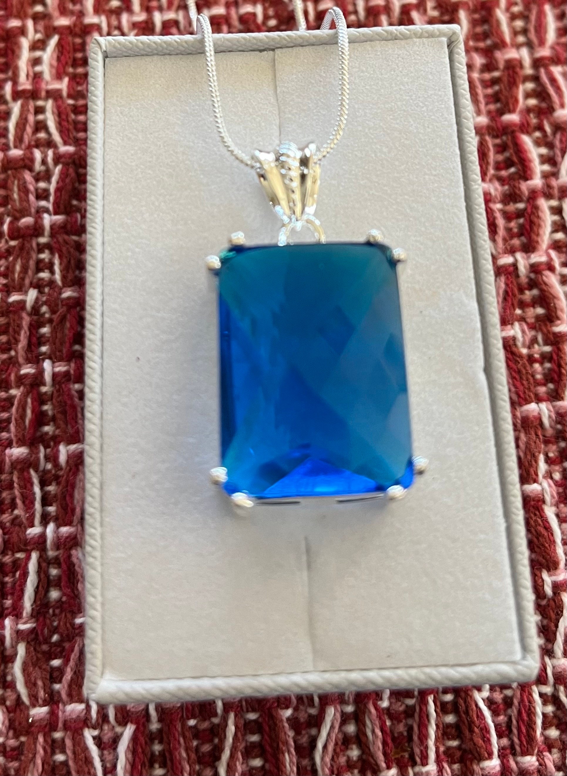 Large Rectangular Blue Topaz Necklace, Blue Topaz Pendant With Your ...