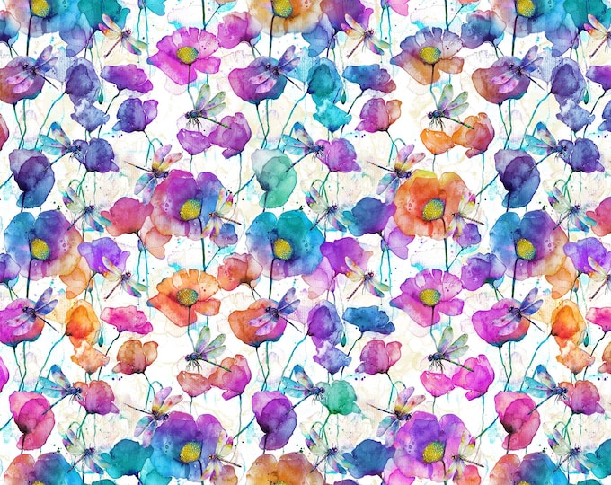Dragonfly Dance - White Multi Large Floral - Yardage - by Deborah ...