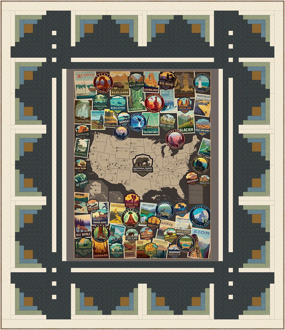 National Parks Map Quilt KIT - Features National Parks Panel, Riley Blake & Around the Cabin ...