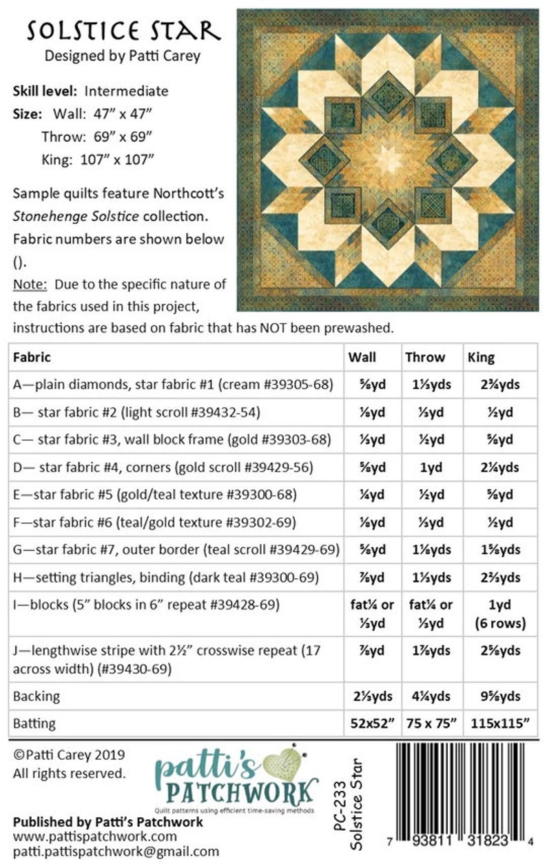Solstice Star - Quilt PATTERN - by Patti's Patchwork - Multiple Sizes - Etsy