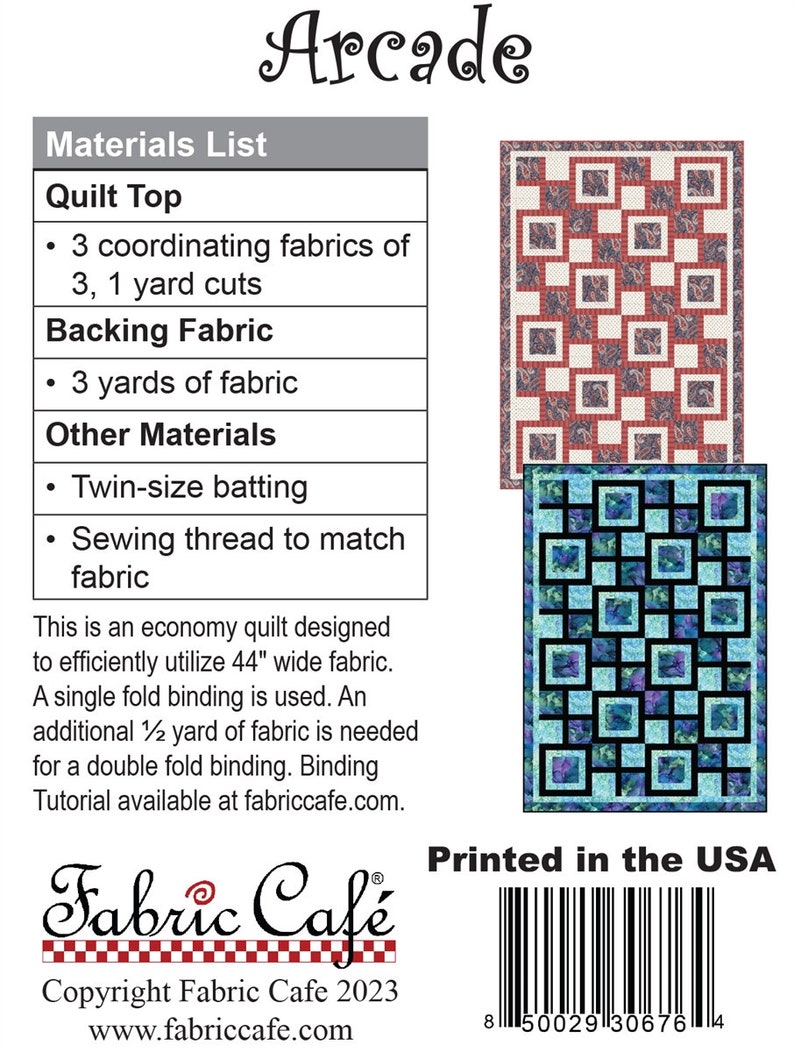 Arcade 3 Yard Quilt Pattern - by Fran Morgan of Fabric Cafe - 092322 - Etsy