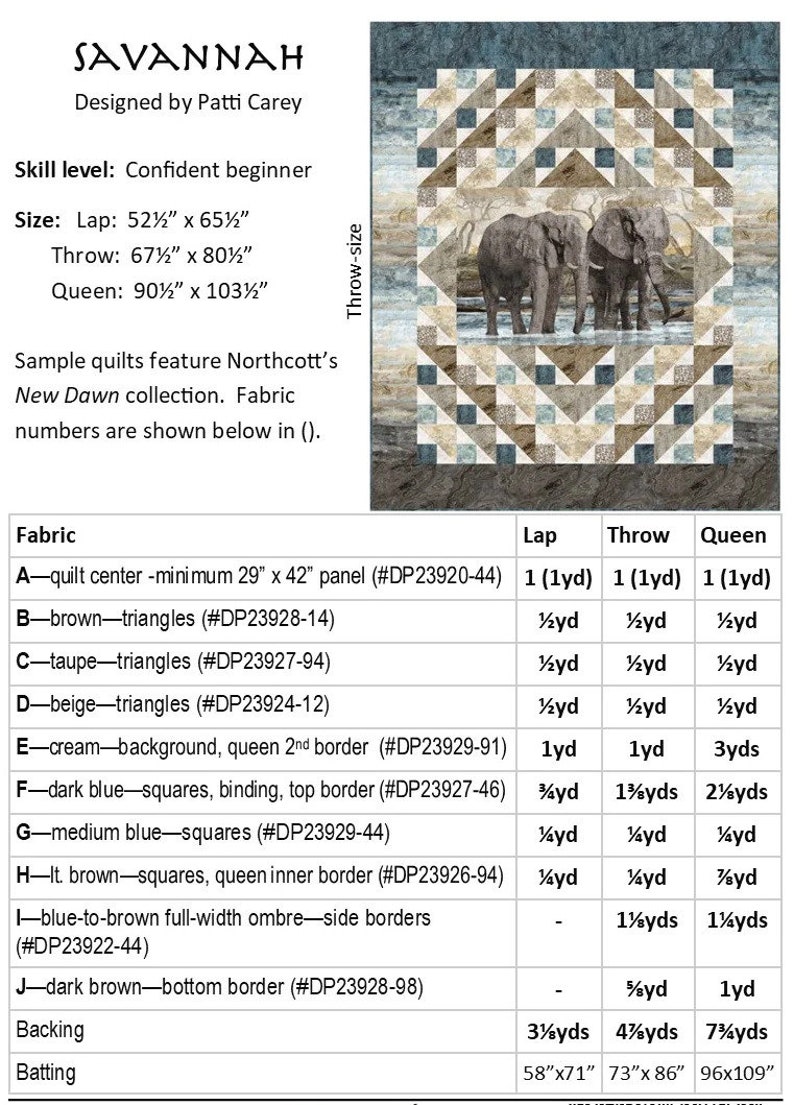 Savannah - Quilt PATTERN - by Patti's Patchwork - Multiple Sizes - Elephants - Panel Friendly ...