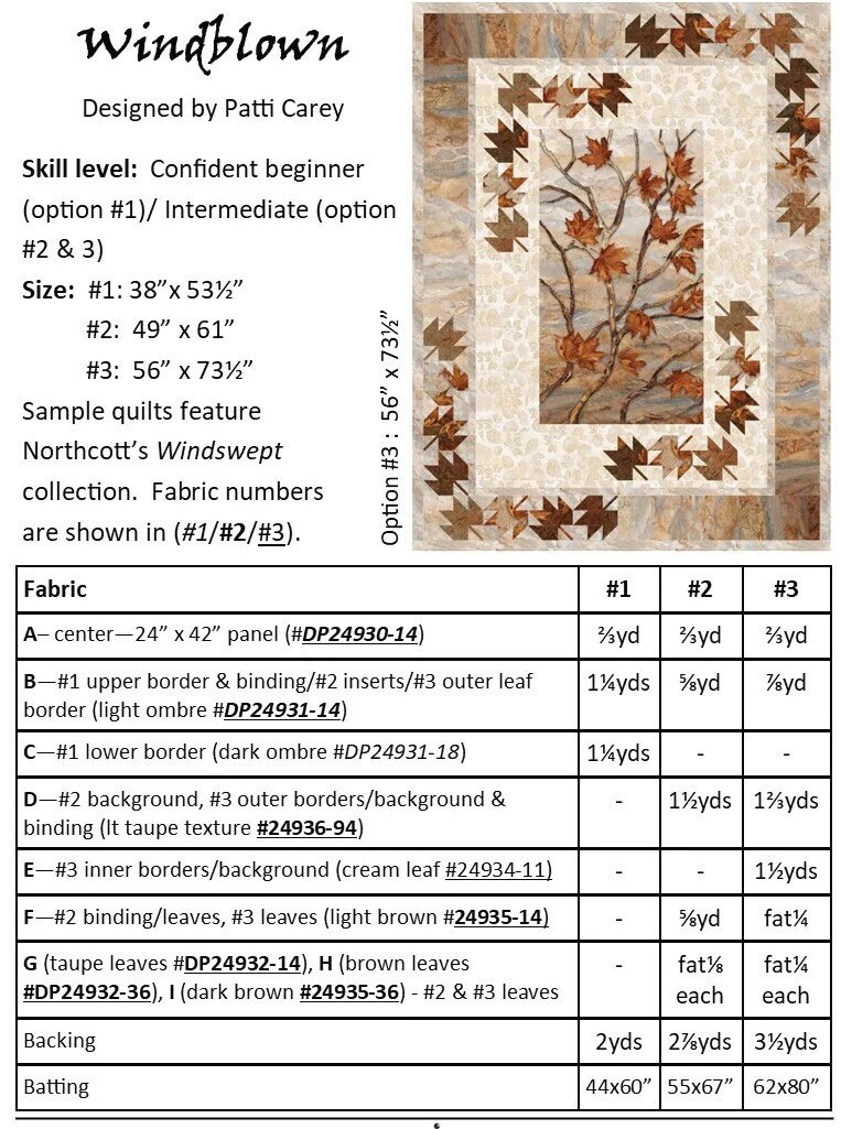Windblown - Quilt PATTERN - by Patti's Patchwork - Multiple Sizes -leaves - Panel Friendly - PC ...