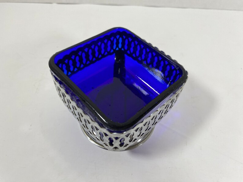Vintage 1970’s Cobalt Blue Glass & Silver Chrome Plated Square ...