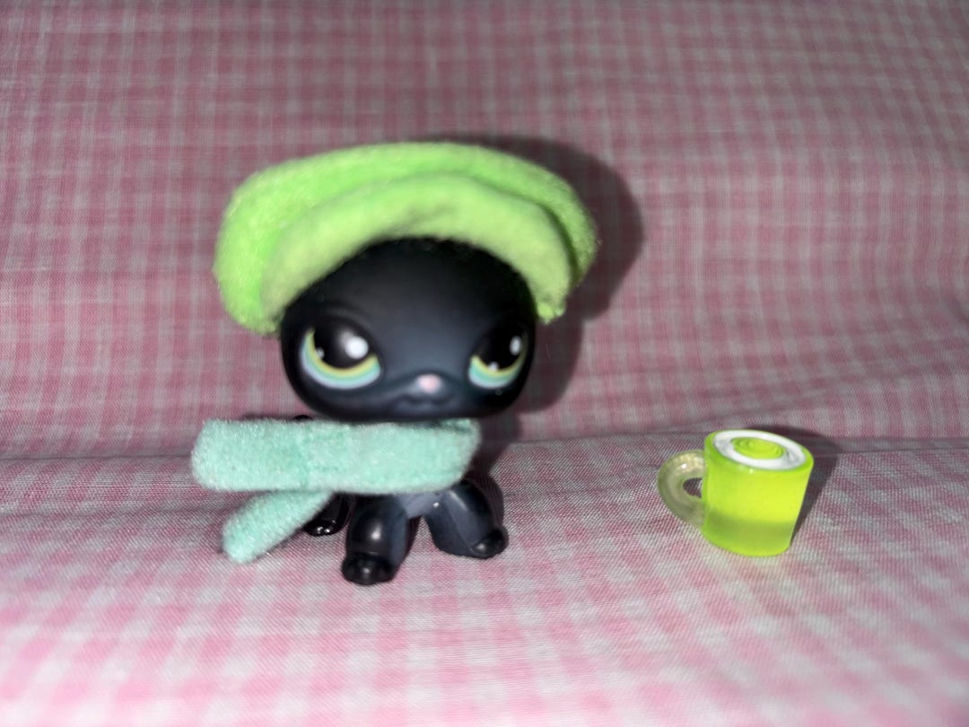 Discontinued Rare LPS Littlest Pet Shop Black Cat With Scarf Hat Coffee ...
