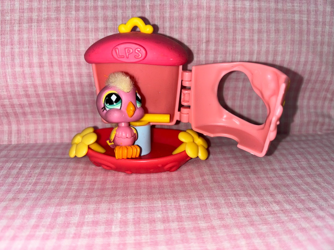 Discontinued Rare LPS Littlest Pet Shop Cute Fuzzy Pink Bird With Cage ...