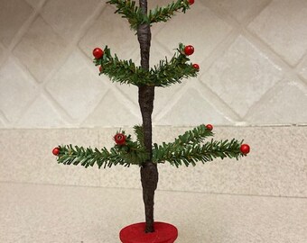 Primitive Christmas Faux Feather Tree With Red Wool Stocking Ornaments ...