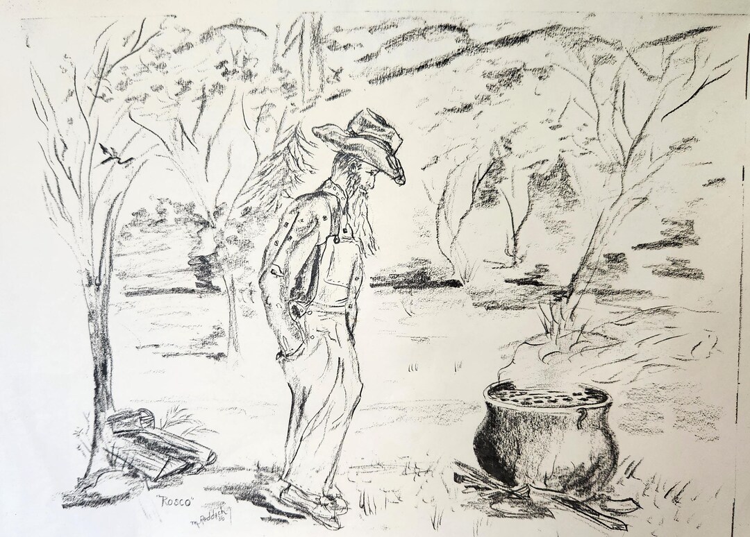 Drawing of Man Named Rosco Watching Peanuts Boil - Charcoal Sketch ...