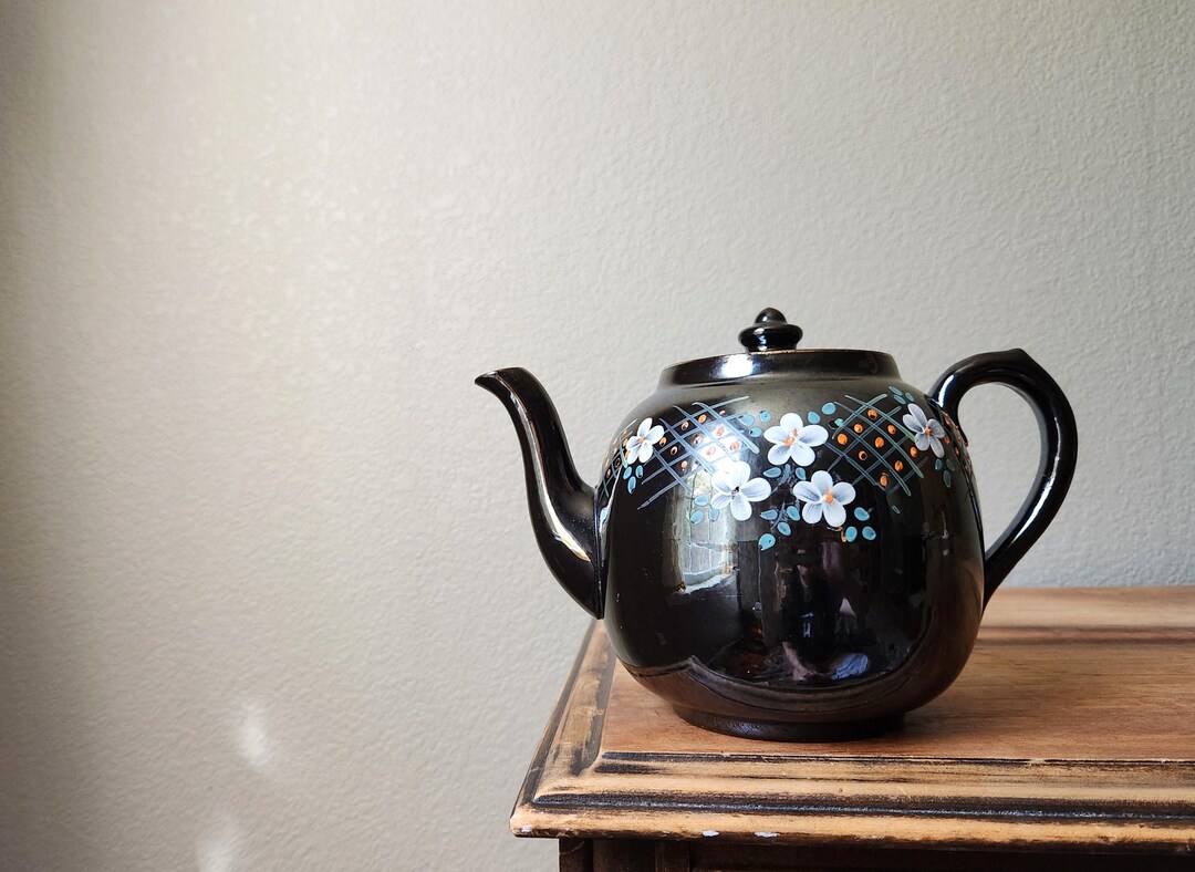 Hand Painted Floral Design on Black Teapot Made in England - White ...