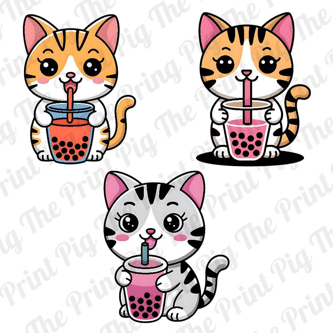 3 PACK - Boba Cats PNG Digital Download File, Bubble Tea Chibi Cat PNG ...