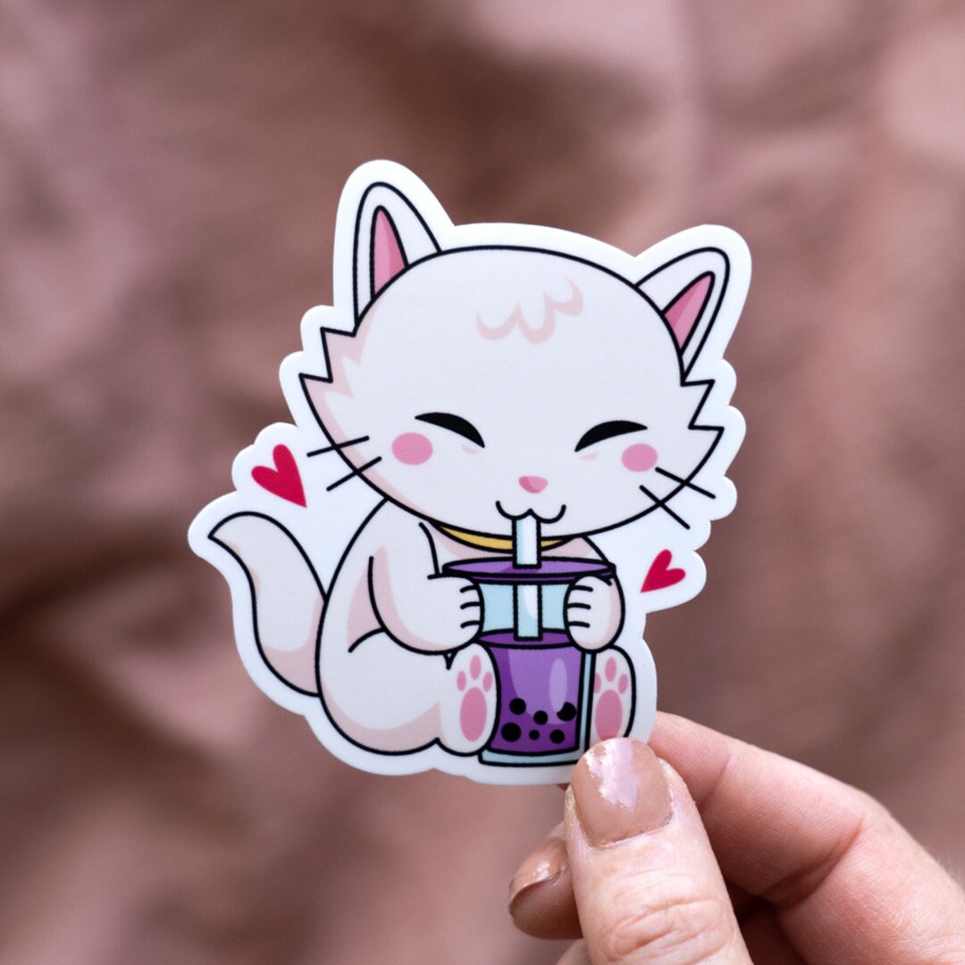 Cute Cat Boba Tea Sticker Glossy White Vinyl Sticker Bubble Tea Cute ...