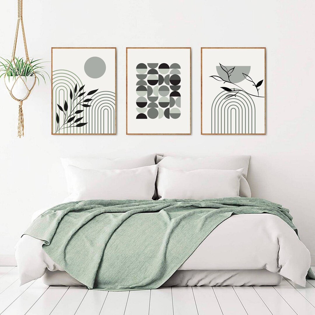 Bohemian Sage Green Abstract Wall Art Print Set of 3 Mid - Etsy