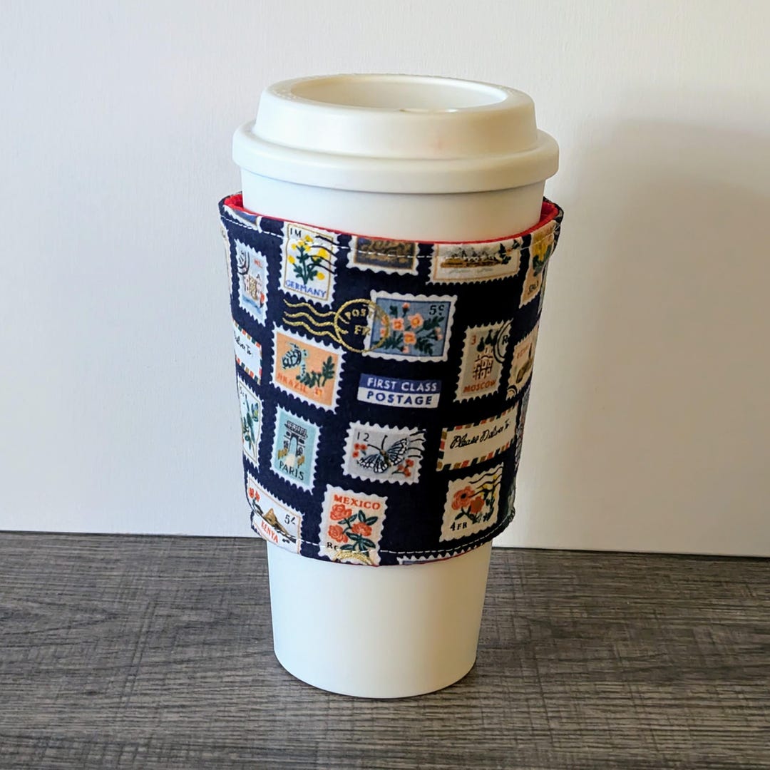 Navy Stamp Cotton Cup Cozy, Fabric Continuous Reversible Fabric Cup ...