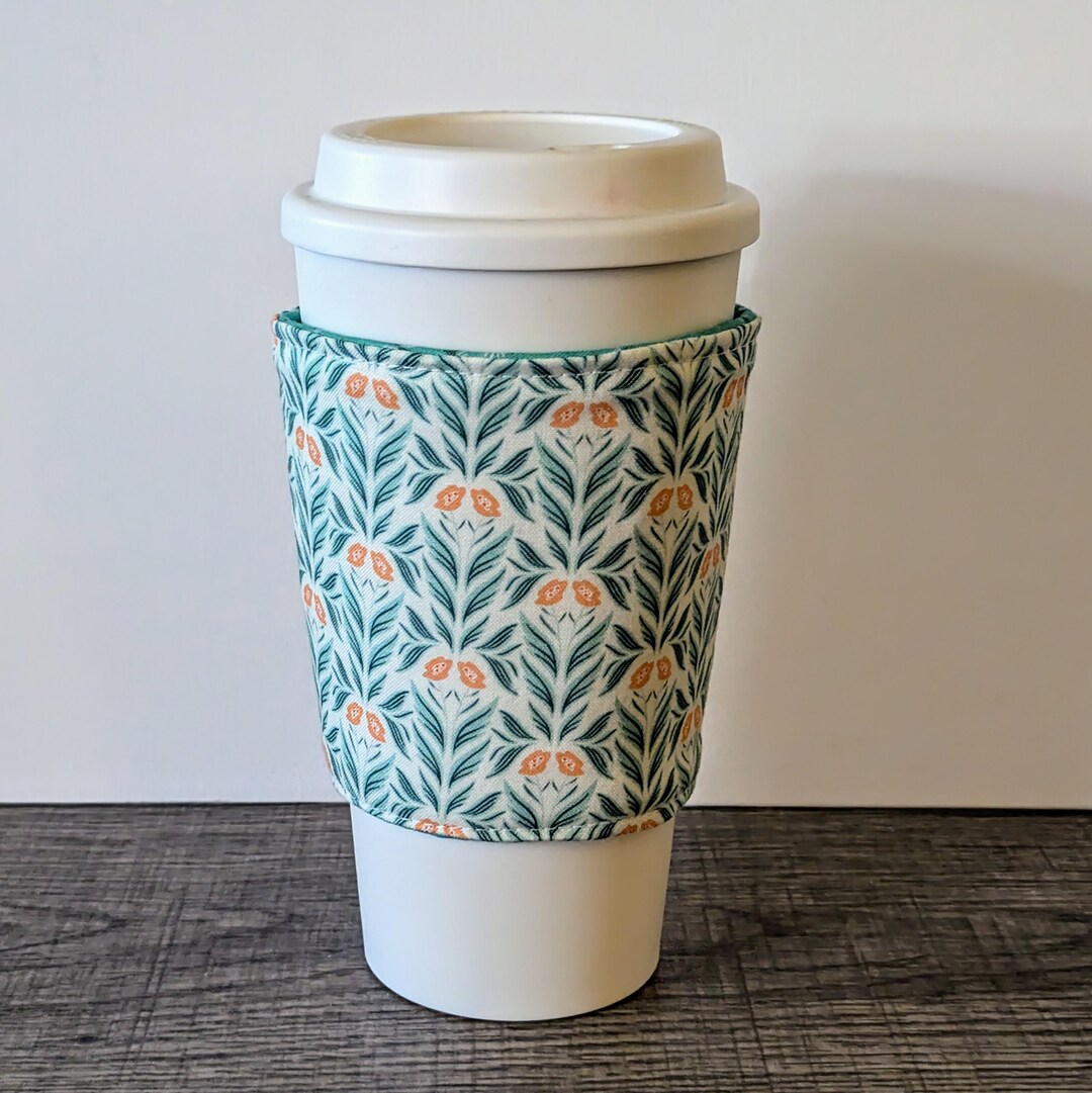 Turquoise Floral Cotton Cup Cozy, Fabric Continuous Reversible Fabric ...