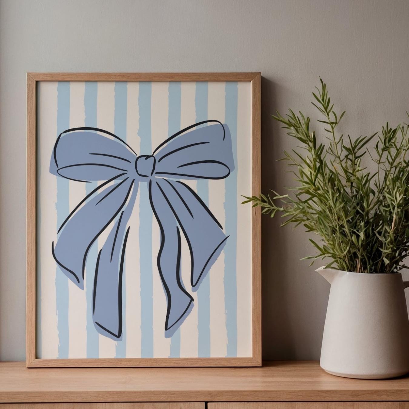 Blue Bow Wall Digital Art Print | Blue & White Striped Background ...