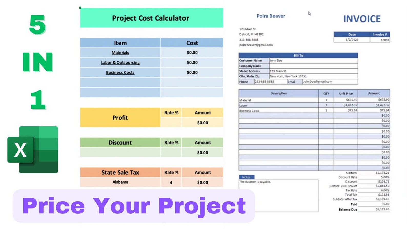 Woodworking Project Pricing Template: Excel Workbook (digital Download ...
