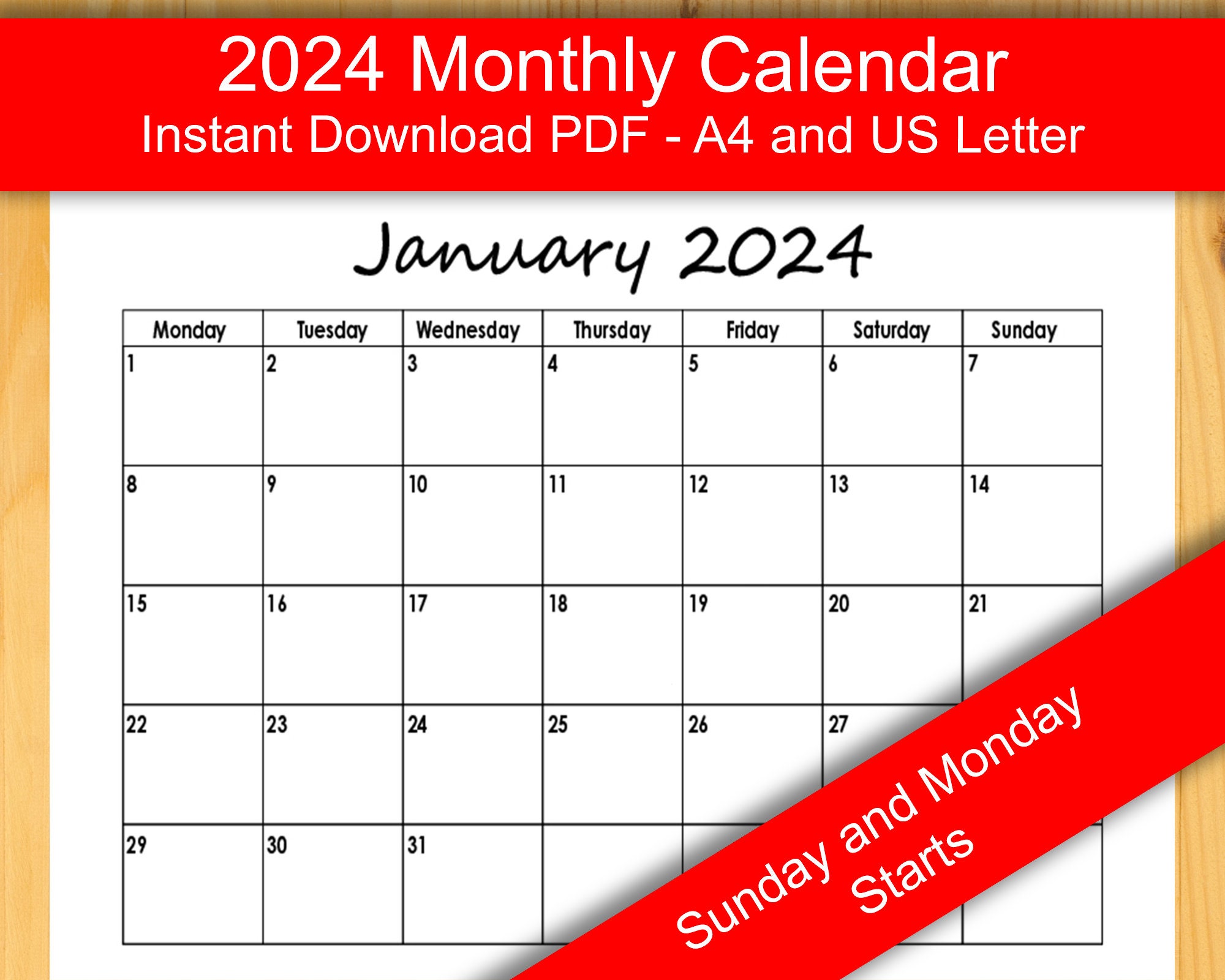 Planificador Mensual 2024, Calendario Horizontal 2024, Inicio Domingo y ...