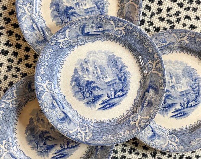 Antique Set of 4 E. Challinor Priory Blue Transferware Plates // Circa ...