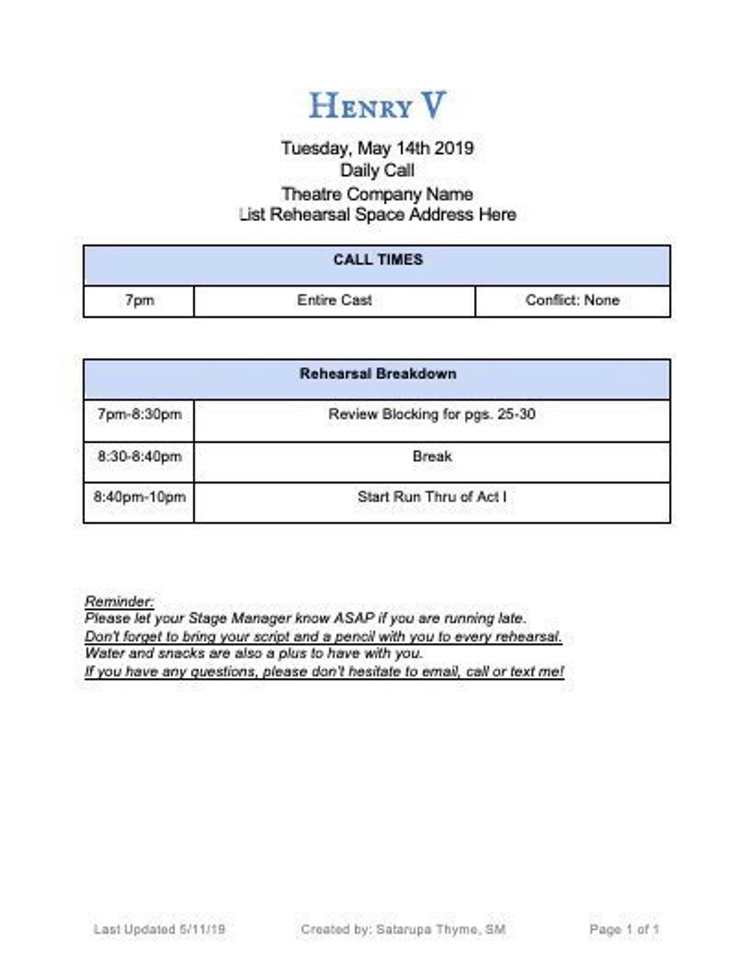 Simple Daily Call Template | Theatre Template | Stage Manager Paperwork ...