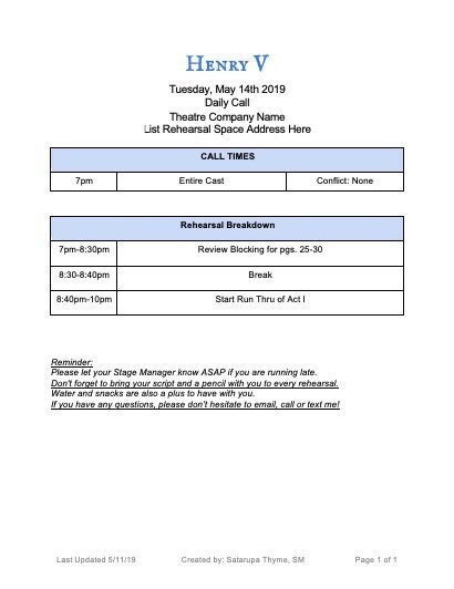 Simple Daily Call Template | Theatre Template | Stage Manager Paperwork ...