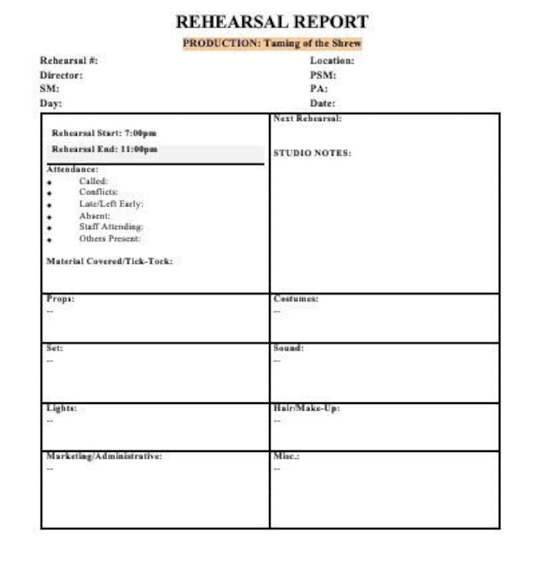 Rehearsal Report Template | Stage Manager Paperwork | Theatre Resource ...