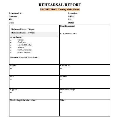 Rehearsal Report Template | Stage Manager Paperwork | Theatre Resource ...