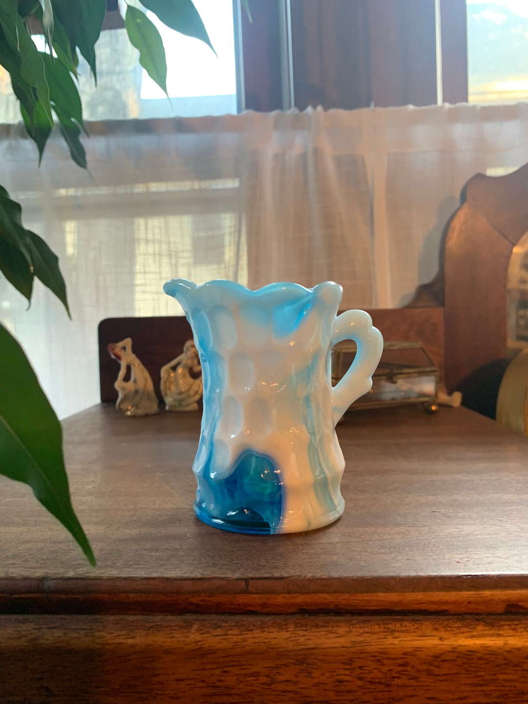 Mini Blue Slag Glass Creamer Thumbprint Swirl - Etsy