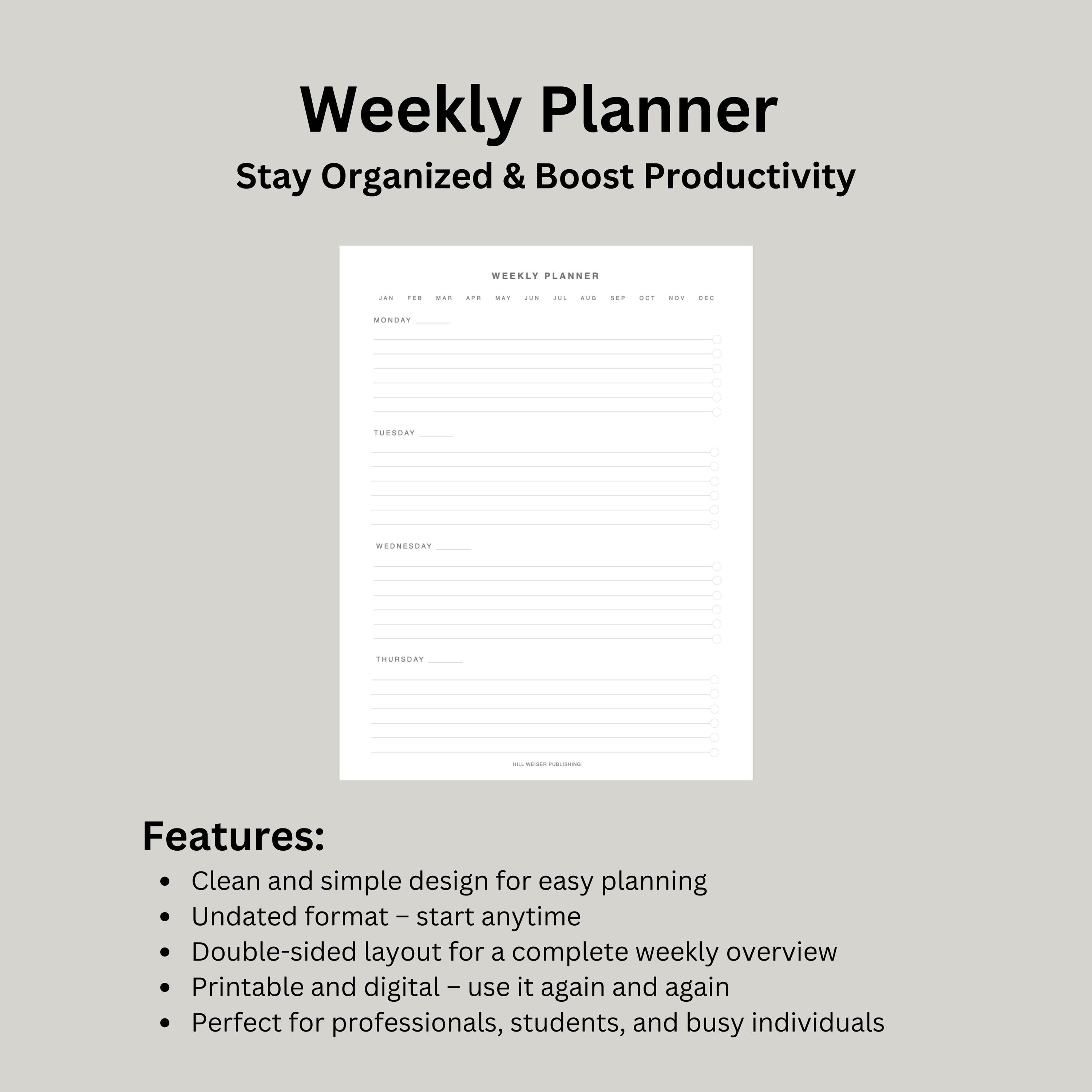 Weekly Planner Printable | 8.5x11 | Minimalist Undated Planner | Double ...