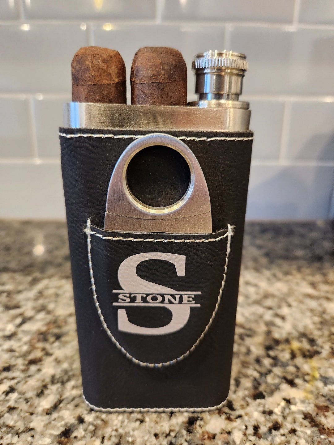 Personalized Cigar Case With Flask and Cutter, Leather and Stainless ...
