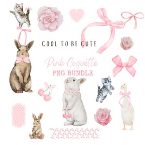 Coquette Easter Clipart PNG: Pink Bows, Bunny, Duck & Kitten (digital ...