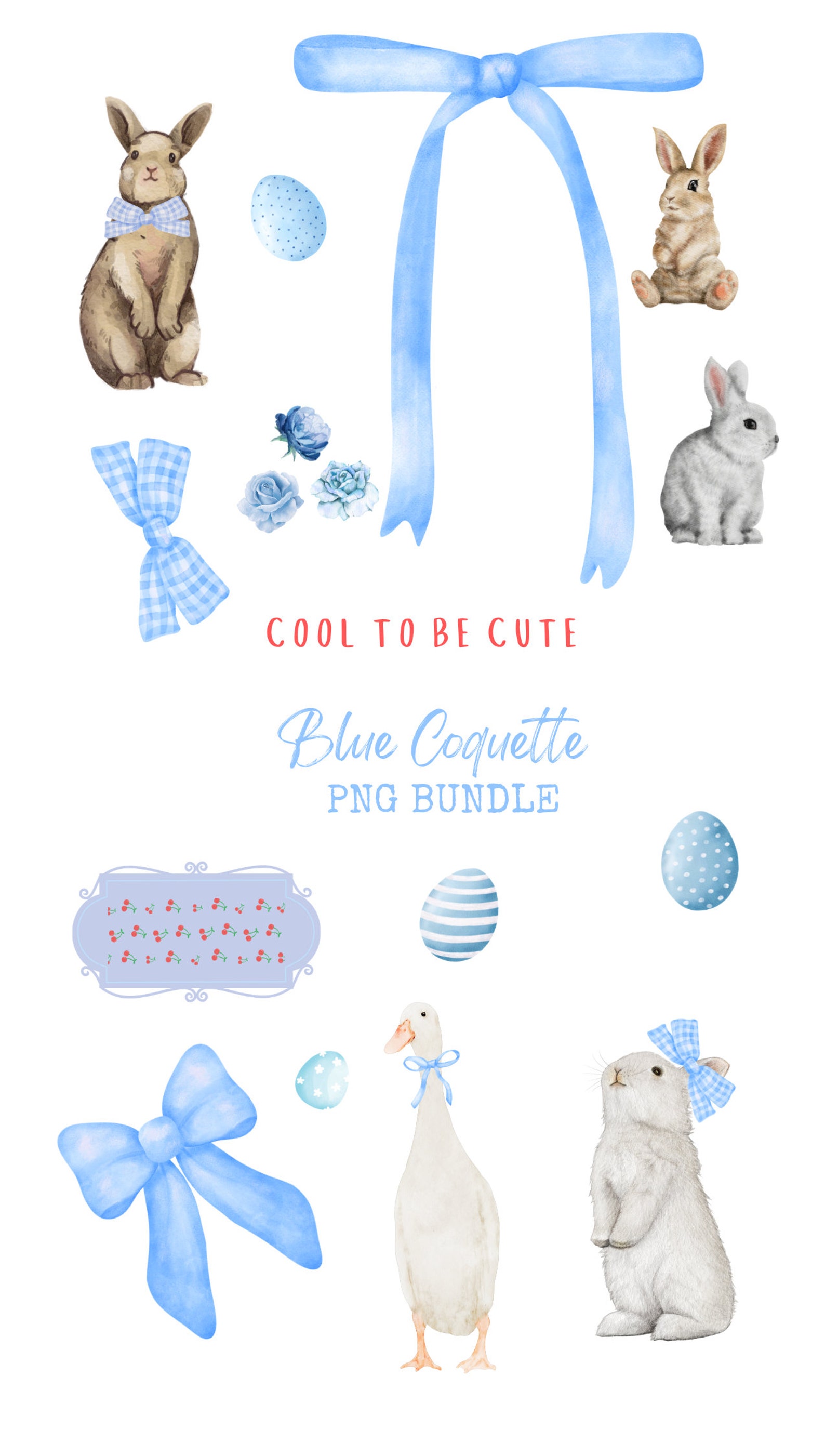 Coquette Aesthetic Clipart PNG, Blue Bow Clipart, Blue Bunny Watercolor ...