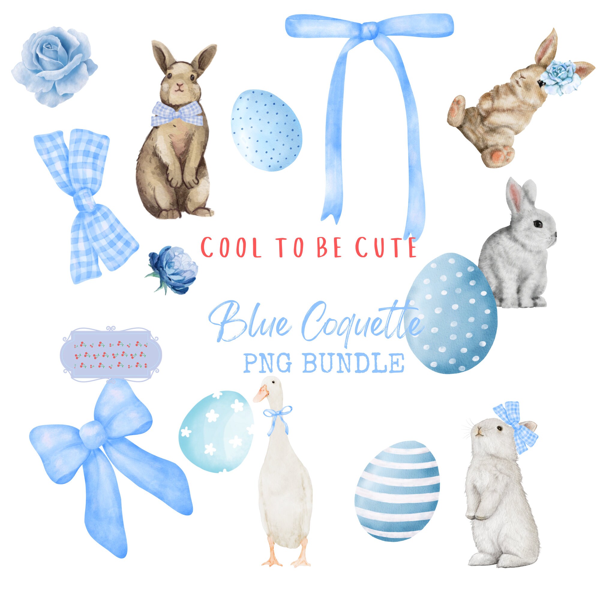 Coquette Aesthetic Clipart PNG, Blue Bow Clipart, Blue Bunny Watercolor ...