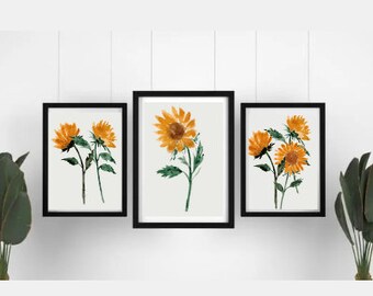 PRINTABLE Set of 3 Watercolor Sunflower Images, Botanical Flower Plant ...