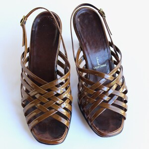 1960s Woven Patent Leather Slingback Sandals: Vintage Olive Brown Heels ...