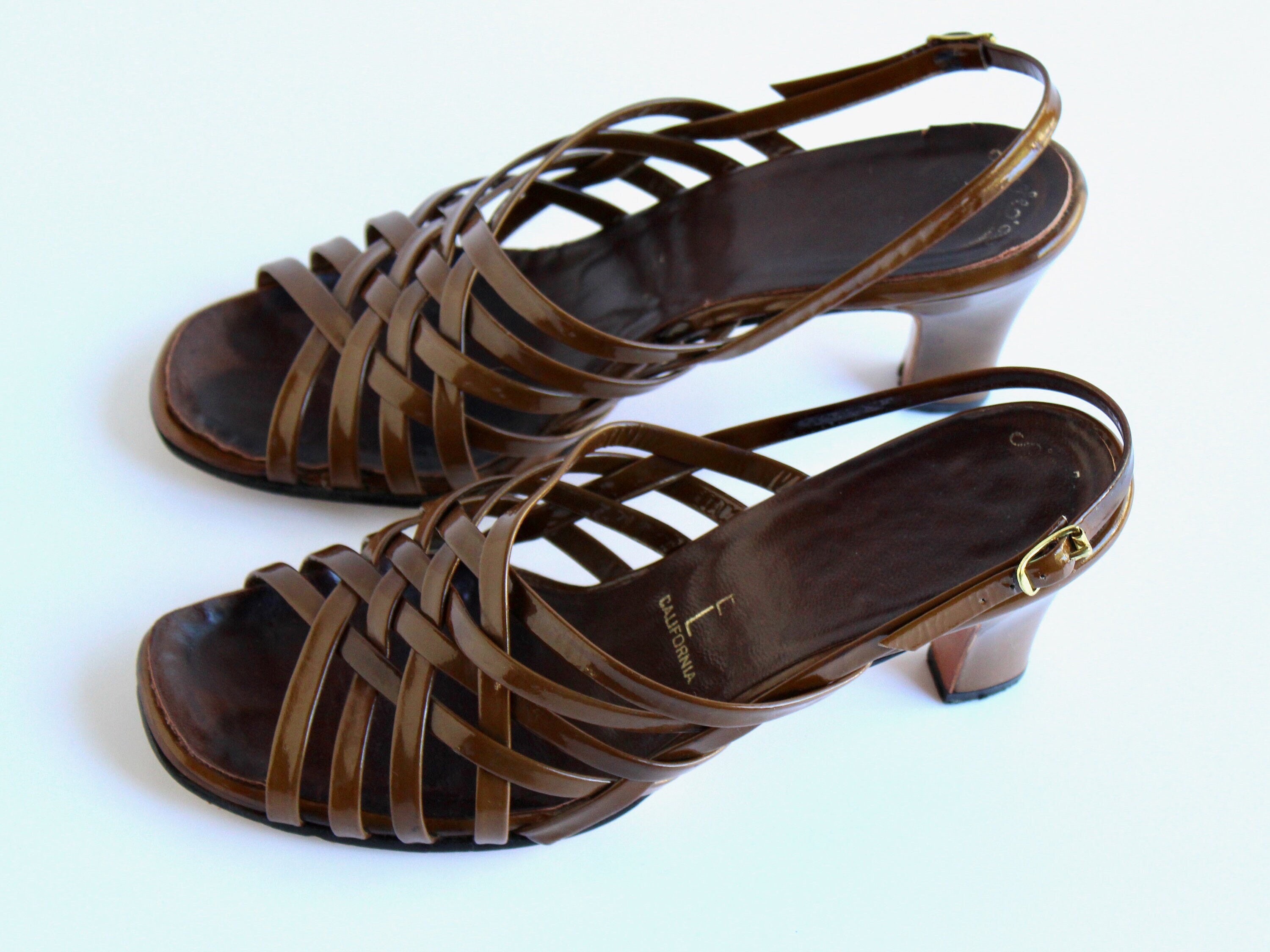 1960s Woven Patent Leather Slingback Sandals: Vintage Olive Brown Heels ...