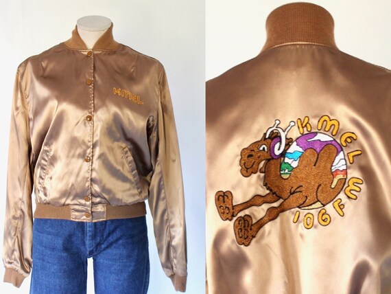 1980s KMEL 106 FM Gold Satin Embroidered Bomber Jacke… - Gem