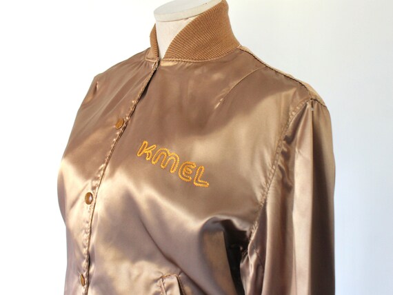 1980s KMEL 106 FM Gold Satin Embroidered Bomber Jacke… - Gem