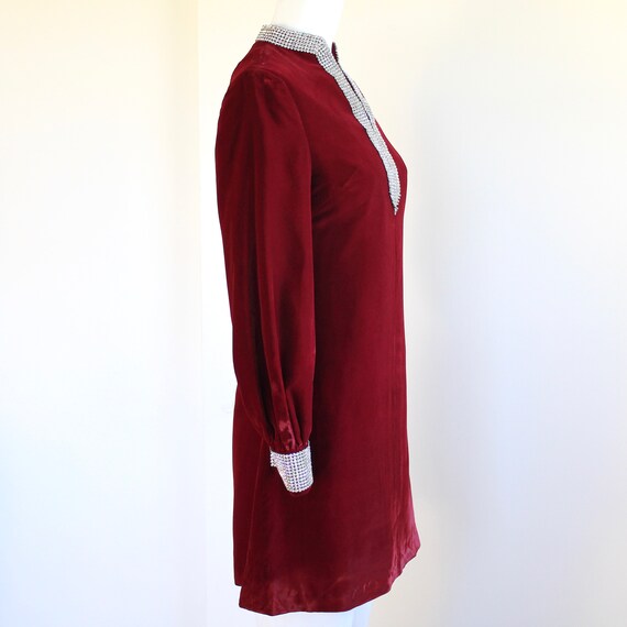 1960s Ruby Red Velvet A-Line Mini Dress with Glass Rh… - Gem