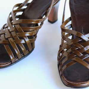 1960s Woven Patent Leather Slingback Sandals: Vintage Olive Brown Heels ...