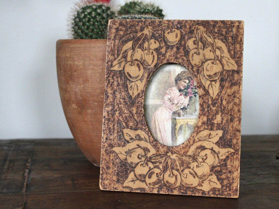 Art Nouveau Pyrography Cherry Cluster Portrait Frame Early 1900s ...