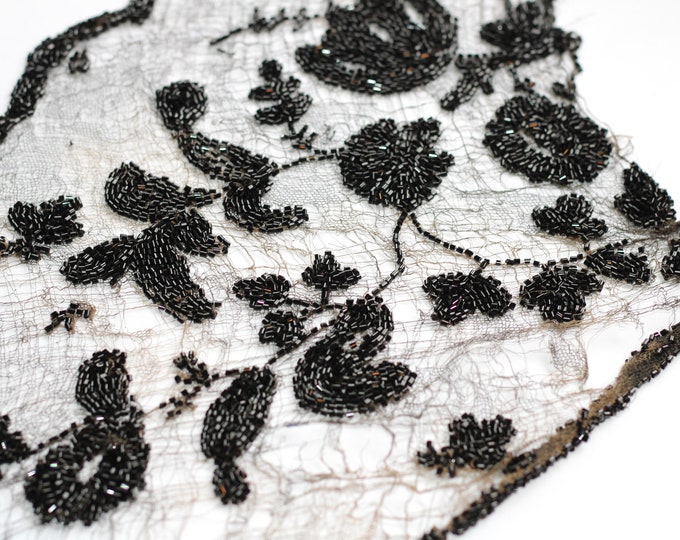Antique Beaded Net Dress Embellishment- Black Glass Bead Remnant- 1800s ...