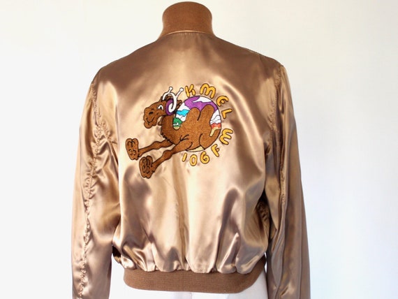 1980s KMEL 106 FM Gold Satin Embroidered Bomber Jacke… - Gem