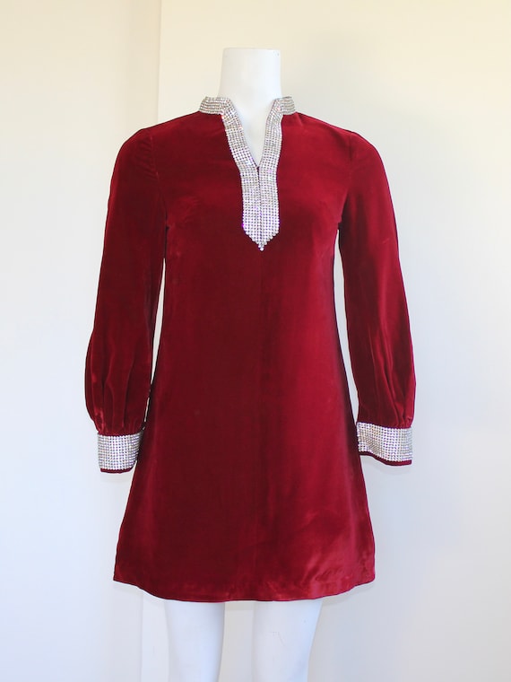 1960s Ruby Red Velvet A-Line Mini Dress with Glass Rh… - Gem